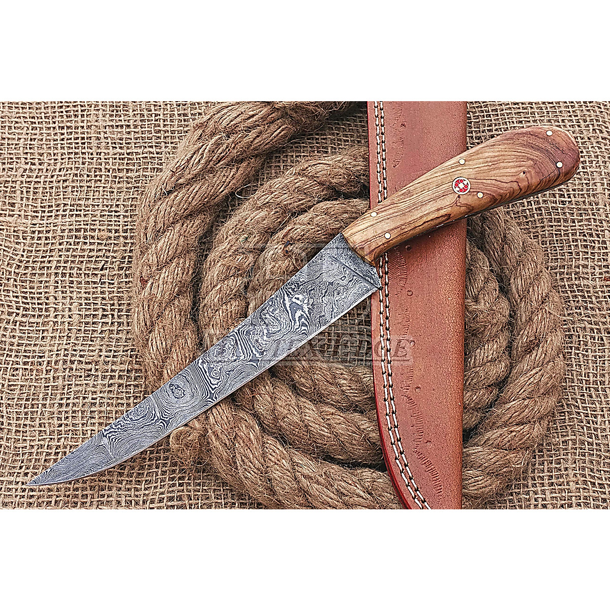 HUNTEX Handmade Hand-Forged Twist Pattern Damascus Steel 11.5 Inch Long Full Tang Olive Wood Handle Razor Sharp Hunting Camping Fillet Knife w/Genuine Leather Pouch
