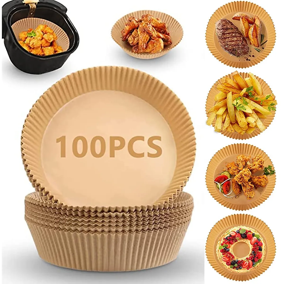 Air Fryer Disposable Paper Liner, 100Pcs Round Non-Stick Air Fryer Parchment Liner, Baking Paper Cooking Paper for Air Fryer, Microwave Oven, Frying Pan, Oil-proof, Water-proof (6.3 inch)