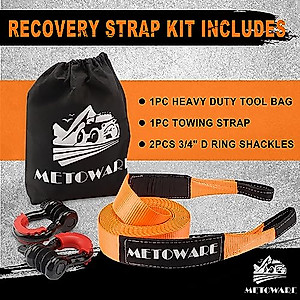 METOWARE Heavy Duty Tow Strap Recovery Kit - 3" x 20ft(35,000lbs) Tree Saver Winch Strap + 3/4" D Ring Shackles(2pcs) + Storage Bag - Truck, SUV, ATV Off Road Towing Strap Kit