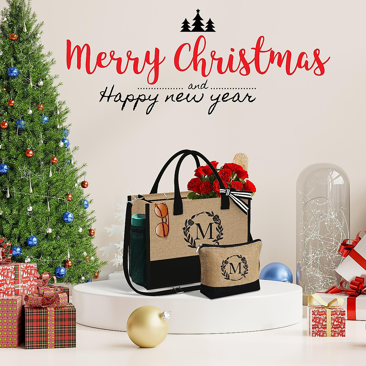 YOOLIFE Christmas Gifts for Women - Gifts for Women, Birthday Gifts for Women, Gifts for Mom Sister Teacher, Womens Gifts for Christmas, Friend Teacher Wife Mom Christmas Gifts, M Initial Tote Bag