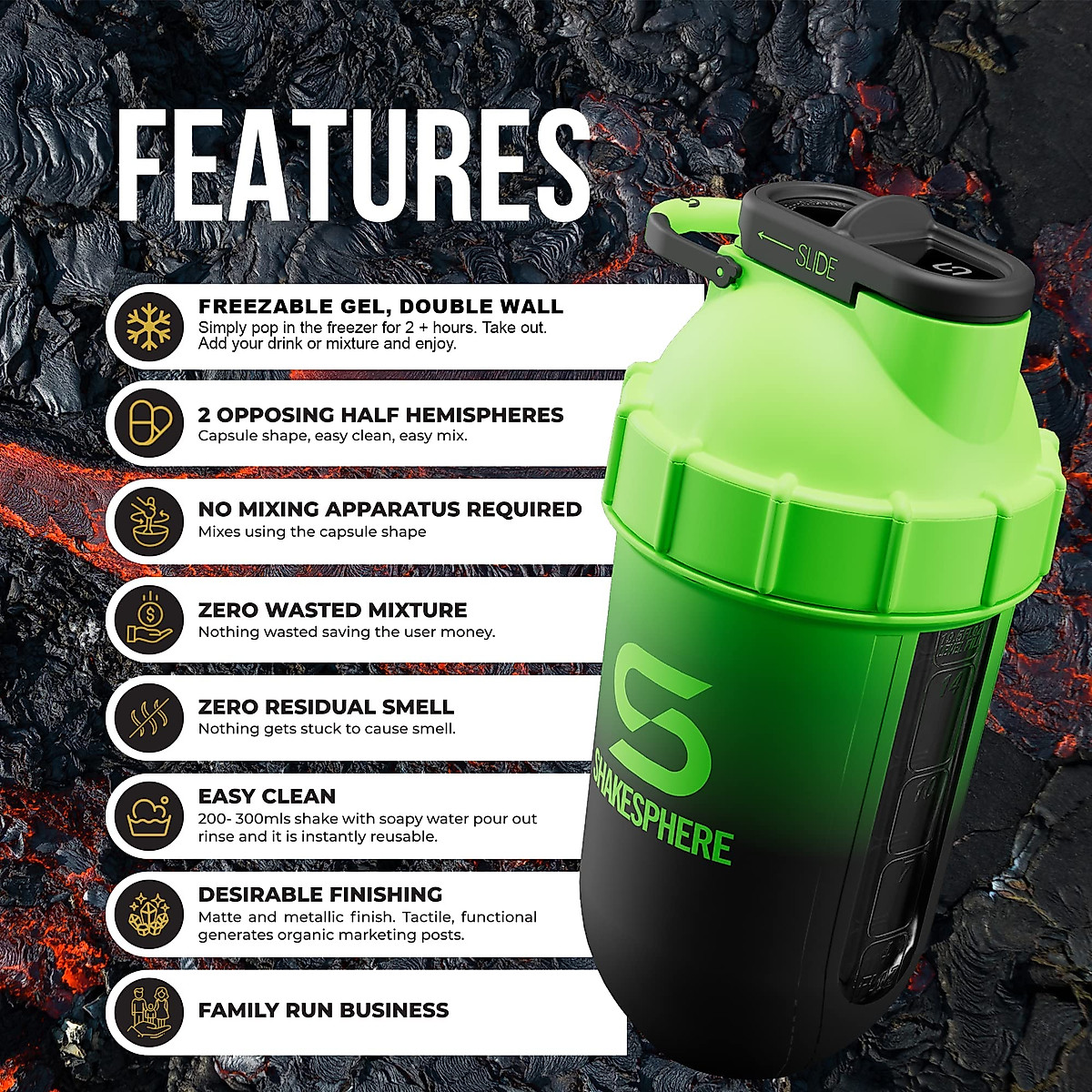 SHAKESPHERE Tumbler Cooler Shaker - Protein Shaker Bottle and Smoothie Cup, 24 oz - Bladeless Blender Cup Purees Raw Fruit with No Blending Ball – Powder Mixer for Pre Workout Gym (Ombre Green)