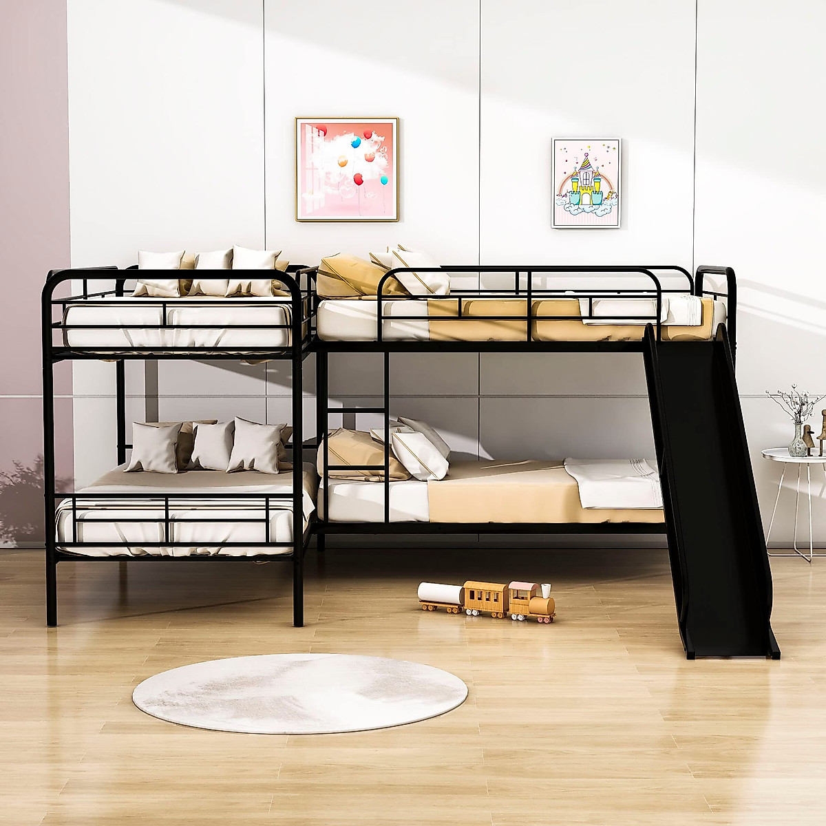 Twin Size L-Shaped Bunk Bed with Slide for 4, Metal Twin Bunk Bed Frame with Ladder, Bedroom Living Room
