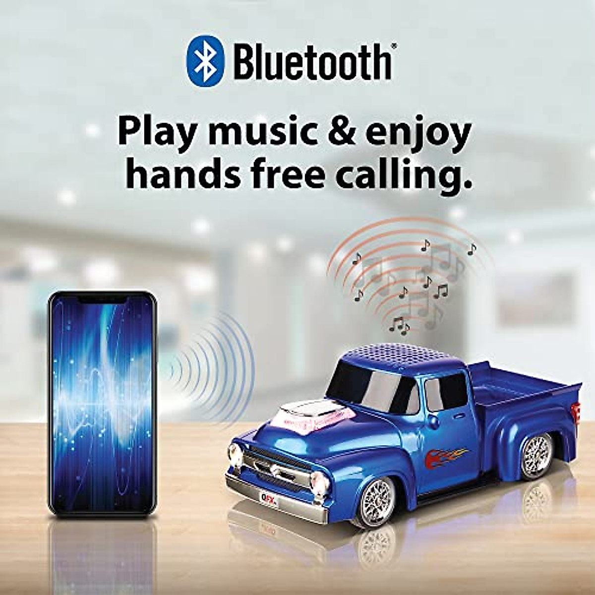 QFX Bluetooth 1956 Pickup Truck Replica Speaker, 3-inch Speakers, Hands Free Link, Built-in Microphone, FM Radio and LED Party Lights, Blue - BT-1956 BL