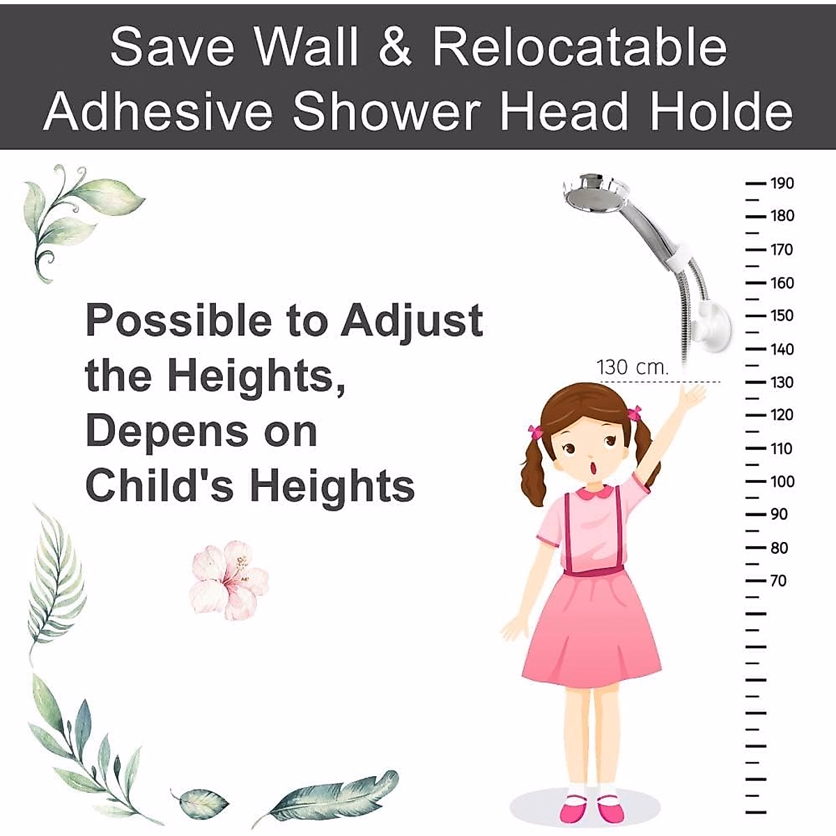 BathBeyond Adjustable Shower Head Holder - Universal Wall Mount with Flexible Vacuum Suction Cup & Adhesive Sticker, Easy Installation for Handheld Showers No-Drill Shower Accessory Shower Head Stand