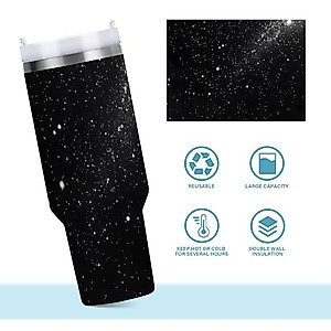 Jihqo Galaxy Black 40 oz Stainless Steel Vacuum Insulated Tumbler with Handle and Straw Lid, Leakproof Water Bottle Double Wall Travel Mug Coffee Cup, Cupholder Friendly