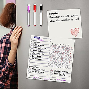 4 Pieces Magnetic Chore Chart Set, Dry Erase Refrigerator Charts, 10 Magnetic Markers with Dry Eraser, Daily Responsibility Magnetic Dry Erase Board Charts for Kid Teen Adult Fridge School Home Supply