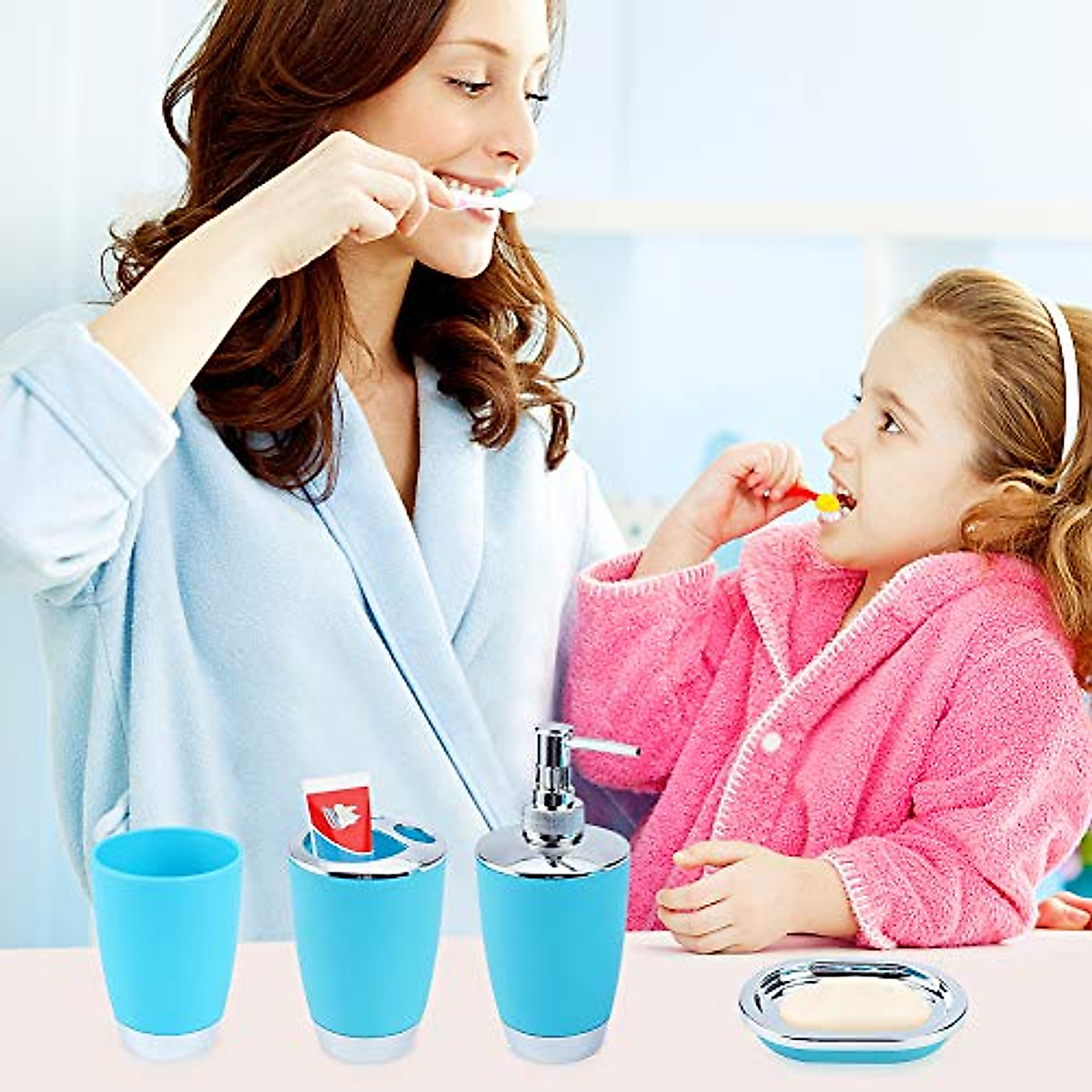 Cocoarm Blue Bathroom Accessories Set,6 Piece Plastic Bath Ensemble Bath Set Lotion Bottles, Toothbrush Holder, Tooth Mug, Soap Dish, Toilet Brush (Blue)