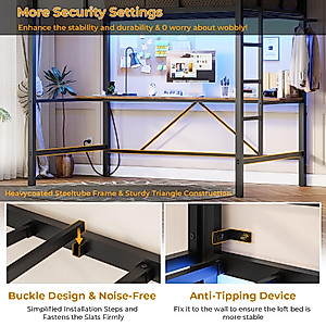 DICTAC Loft Bed Twin Size with Desk and Led Lights Twin Metal Loft Bed with Charging Station Twin Size Metal Bed Frame with Safety Guard & Ladder, Space-Saving,No Noise,No Box Spring Needed, Black