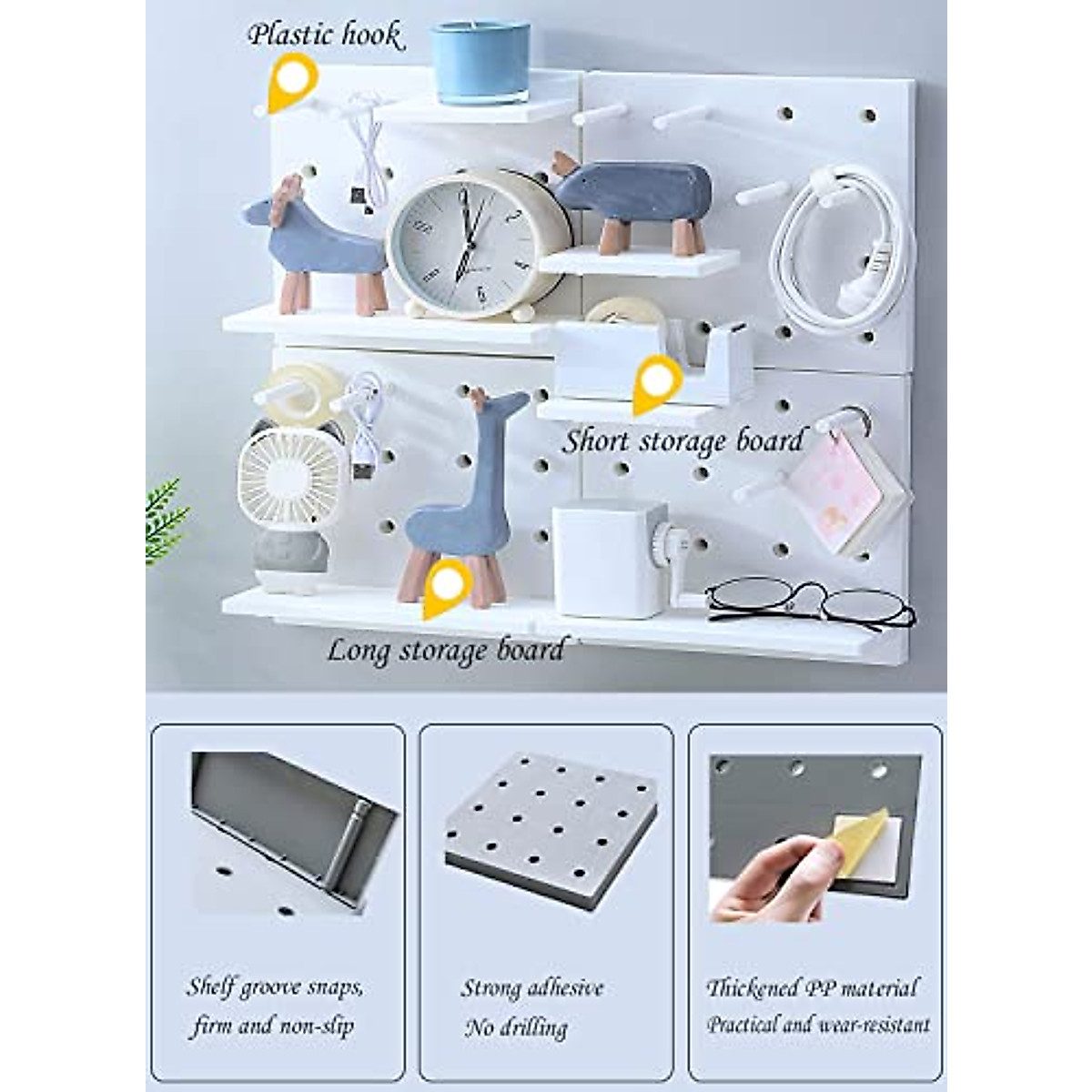JSF 4 Sets Plastic Pegboard Kit - Decorative Wall Mounted Plastic Floating Shelves for Bedroom, Bathroom, and Kitchen , Pegboard Ledges Organizer,Entryway Organizer with Key Hooks (White)