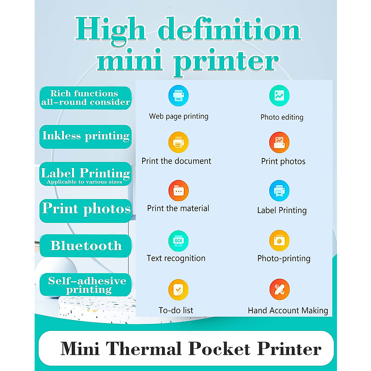 Heaunzy Label Maker Machine with Tape,Mini inkless Photo Printer,Sticker Printer,Multi-Function Match with 5 Rolls of Common Paper,Thermal Bluetooth Label Printer for Small Business,Portable Printer.