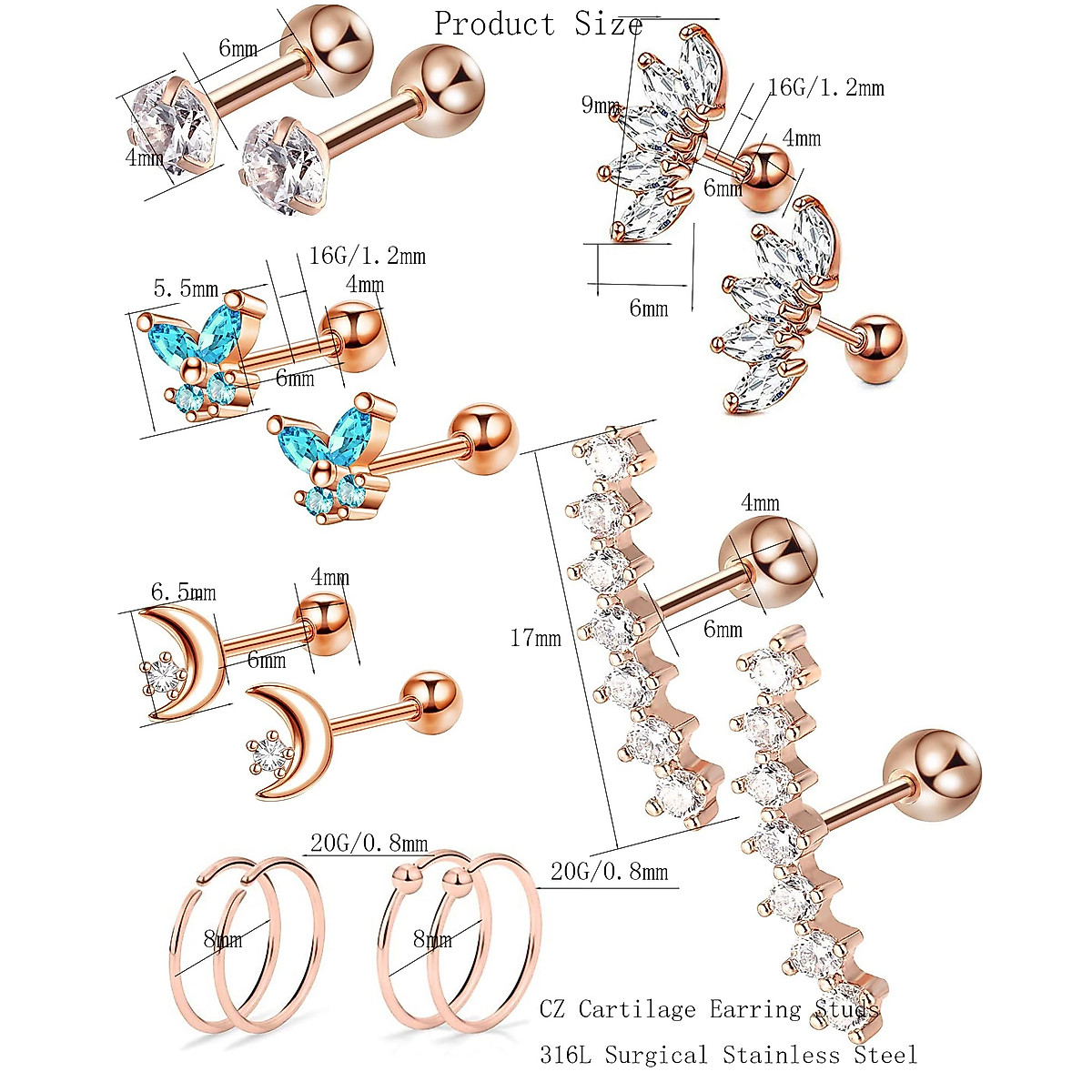 Yachy 7Pairs 16G 20G Cartilage Hoop Earring Cartilage Earring Stud for Women Barbell Piercing Stainless Steel Nose Lip Ring Daith Helix Conch Tragus Earring Piercing Jewelry, Metal, cubic-zirconia