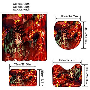 4 Piece Anime Shower Curtain Set with Non-Slip Rug, Toilet Lid Cover, Bath Mat and 12 Hooks, Waterproof Shower Curtain Set for Bathroom
