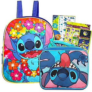 Fast Forward Stitch Mini Backpack with Lunch Box Set for Toddler Preschool - Bundle with 11'' Stitch Backpack Mini, Stitch Lunch Bag, Stickers, Temporary Tattoos, More | Lilo and Stitch Backpack