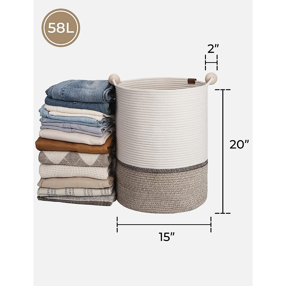 StorageWorks 58L Cotton Rope Laundry Basket with Wooden Beads Handles, Woven Basket for Storage, Dirty Clothes, Kids Toys, Towels, White & Light Brown