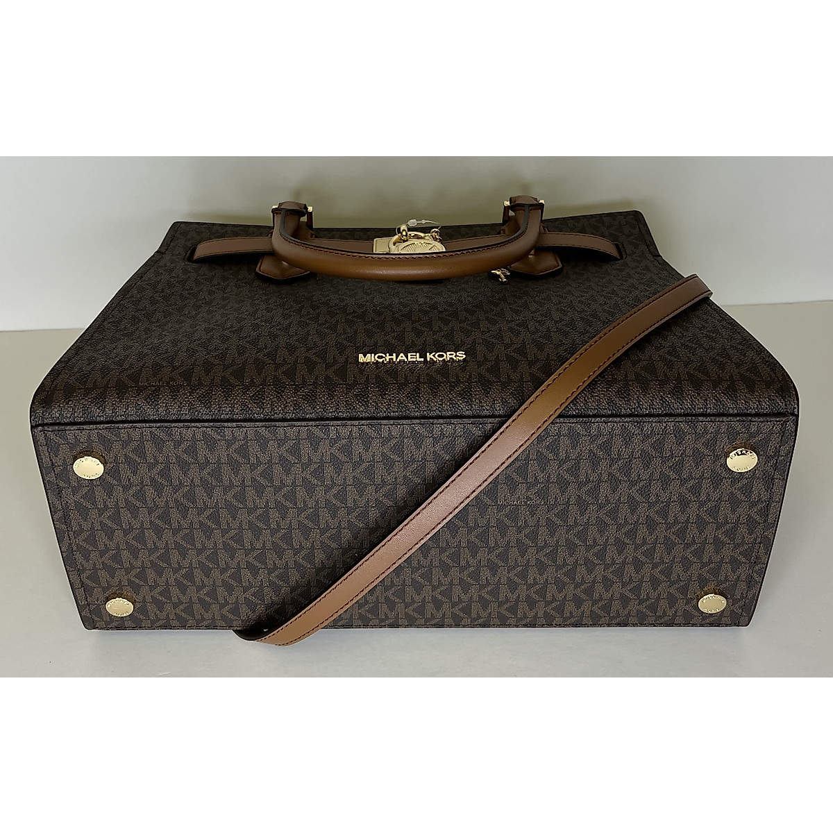 MICHAEL Michael Kors Hamilton MD Satchel bundled with Trifold Wallet and Purse Hook (Signature MK Brown)