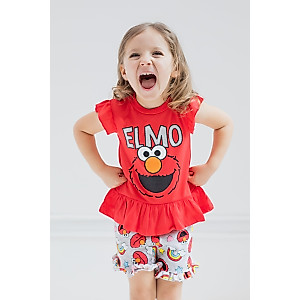 Sesame Street Elmo Toddler Girls T-Shirt and French Terry Shorts Outfit Set Red 2T