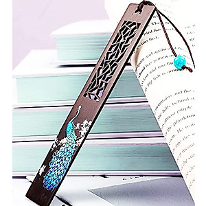 KAIY Handmade Wooden Bookmark Gift Box, Natural Hard Wood Bookmark Peacock Hollowed Out Pattern Color Drawing Bookmark with Tassel, Birthday Gifts for Women Men Teachers Girls Mom Lady Book Lover