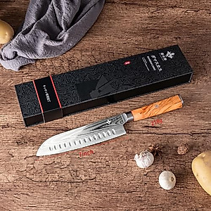 FUJUNI Damascus Santoku Knife 7 inch Damascus VG10 Steel 67-Layer -Olive Wood Handle - Razor Sharp Kitchen Knife with Exquisite Box