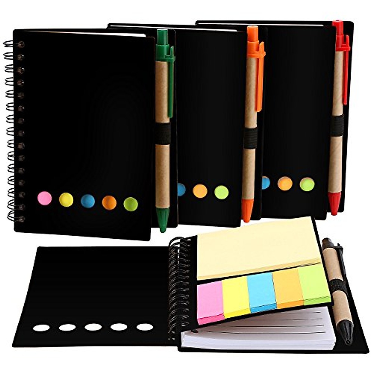 TOODOO 4 Packs 4.5 by 5.5 inch Spiral Notebook Lined Notepad with Pen in Holder and Sticky Notes, Page Marker Colored Index Tabs Flags (Black Cover)