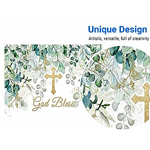 Funnytree 118" x 95" God Bless Backdrop Baptism Party First Holy Communion Christening Banner Decor Forest Leaves Baby Shower Photography Background Favors Gifts Supplies Photo Booth Props