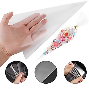 Dxlam 100 Pcs Cone Cellophane Bags, 6x12 Inches Clear Plastic Cone Shaped Treat Bags with 100 Twist Ties for Party Favor, Gift Wrapping, Packaging Decorations Storage
