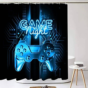 Blue Cool Game Shower Curtain Kids Boys Gaming Bath Curtain with 12 Hooks Modern Gamer Bathroom Decor Teens Gamepad Shower Curtain Set for Stalls Bathtubs 72" Wx72 L Waterproof (Blue Cool Game)