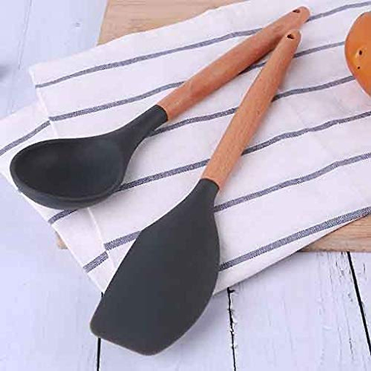 LMMDP Beech Silicone Kitchen Tools Set Cooking Tools Utensils Set Spatula Shovel Soup Spoon with Wooden Handle Special Heat-resistant Design