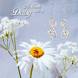 Silver Infinity Daisy Drop Earrings - S925 Sterling Silver Delicate Infinity Sign Daisy Jewelry Dangle Earrings for Women, Christmas Gifts Infinity Symbol White Daisy Flowers Drop Earring for Girls
