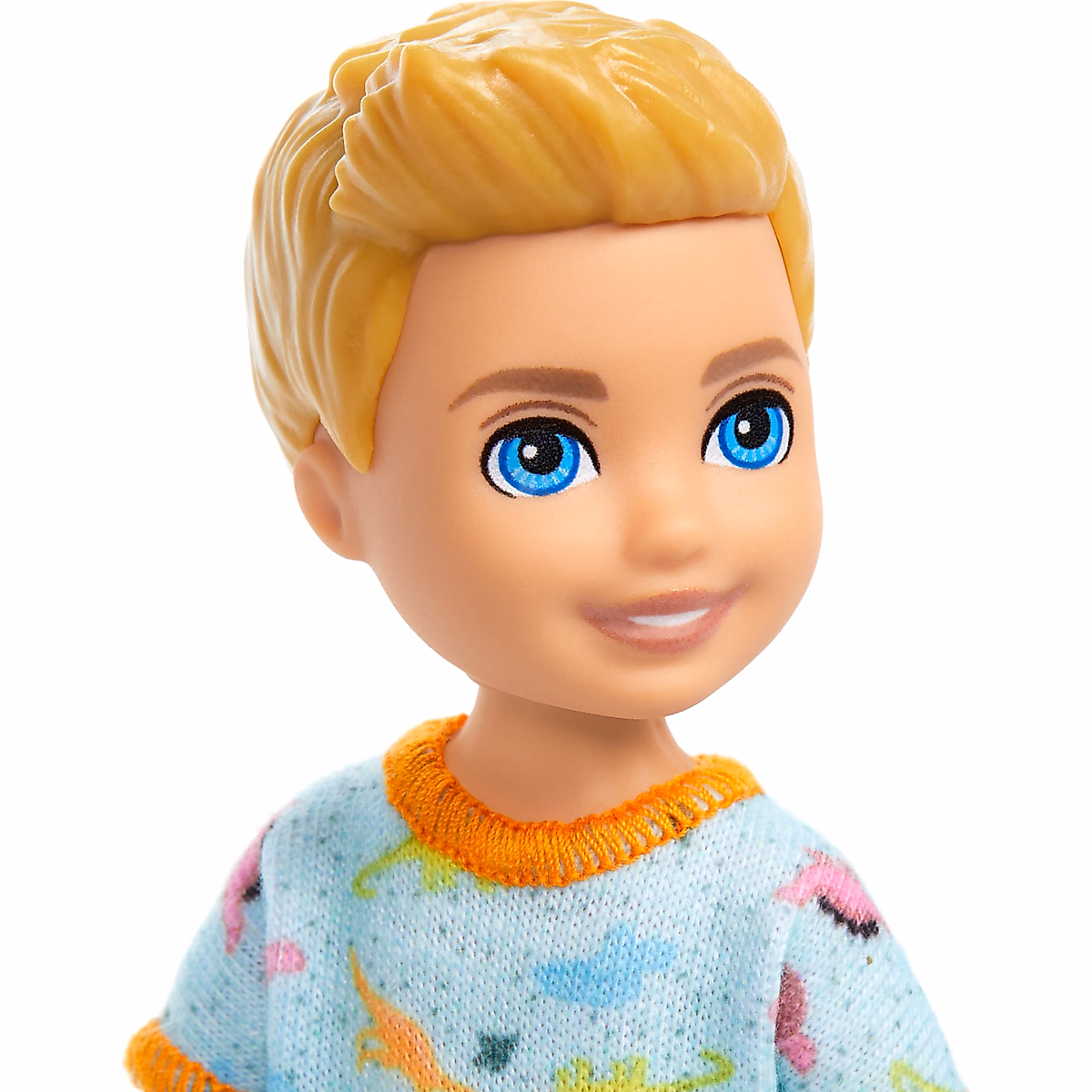 Barbie Chelsea Doll, Small Boy Doll Wearing Removable One-Piece with Dinosaur Print & White Shoes, Blond Hair & Blue Eyes