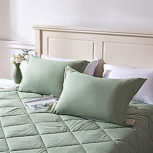 NexHome Lightweight Comforter Set Twin Size, Down Alternative Solid Comforter Set Thin Microfiber Autumn Spring Summer Winter Bedding Comforter with 1 Pillow Sham (Twin/Twin XL, Sage Green/Beige)