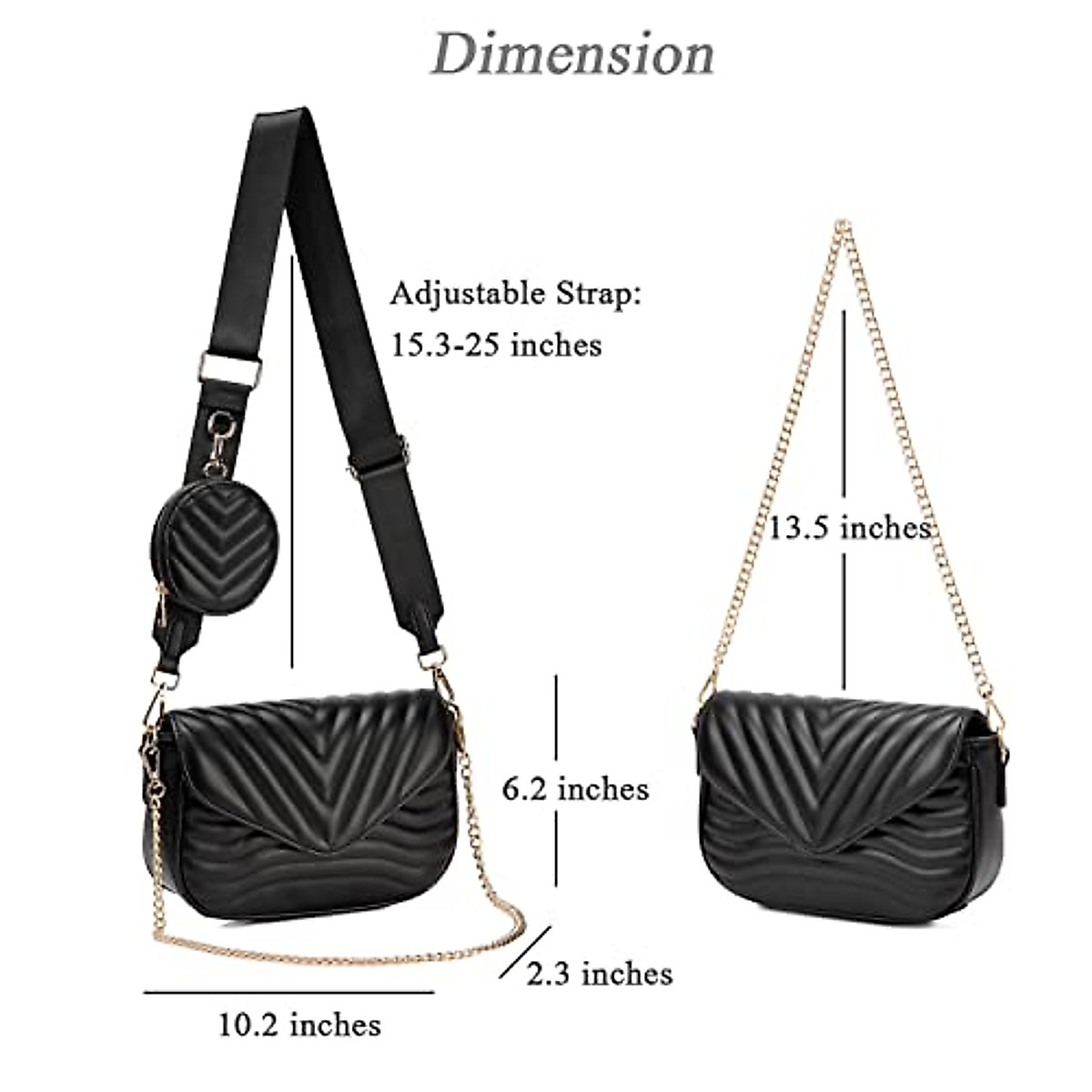 Small Quilted Crossbody Bags for Women Black Shoulder Purses Trendy Designer Handbags Multipurpose Pochette Satchel Bag witn Mini Coin Purse-2 Set