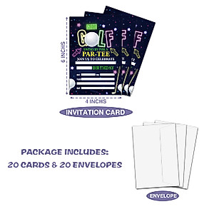 Golf Birthday Party Invitation, Mini Golf Themed Fill-In Invites, 20 Invitations With Envelopes for Friends (4" X 6"), Neon Glow Party Favors Decorations and Supplies -47