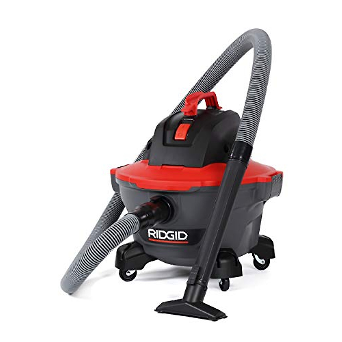 RIDGID, 62698, 6 Gallon RT0600 NXT Wet/Dry Vac, RED Professional Industrial, 4.25 HP, Casters, Pro Locking Hose, Qwik Lock Filter, Longer Motor Life, Polyropylene Drum, Large Handle, Dark Gray and Red