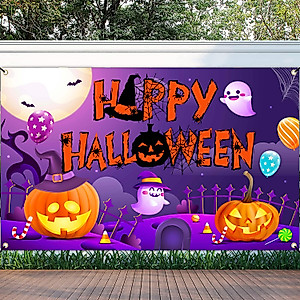 Large Happy Halloween Banner Backdrop 72x44 Inch, Spooky Pumpkin Happy Halloween Banner for Purple Halloween Party Decorations, Halloween Pumpkin Banner Photo Booth Background
