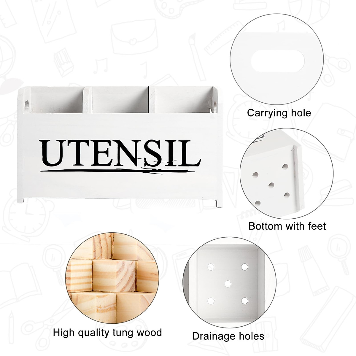 Ziluce Wood Utensil Holder, Utensil Holder for Kitchen Counter, for Organizing and Storing Cooking Utensils, 3 Compartments - White