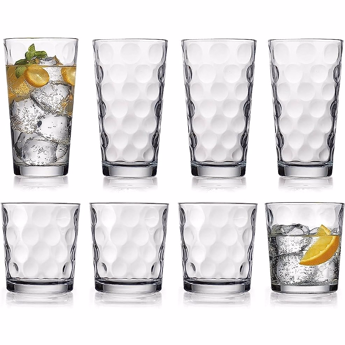 Home Essentials & Beyond Glassware Drinking Glasses Set Of 8 4 Highball (17 oz.) Kitchen Glasses | 4 (13 oz.) Rocks Glass Cups for Water, Juice and Cocktails.
