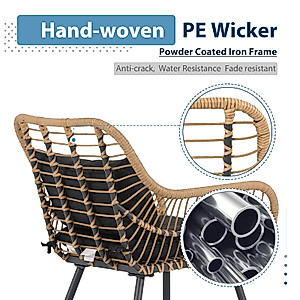 JOIVI 3 Piece Outdoor Rocking Chair Set, PE Wicker Patio Porch Furniture Set, Rocking Bistro Conversation Set with Glass Coffee Table and Black Cushions for Balcony, Garden, Front Porch, Indoor