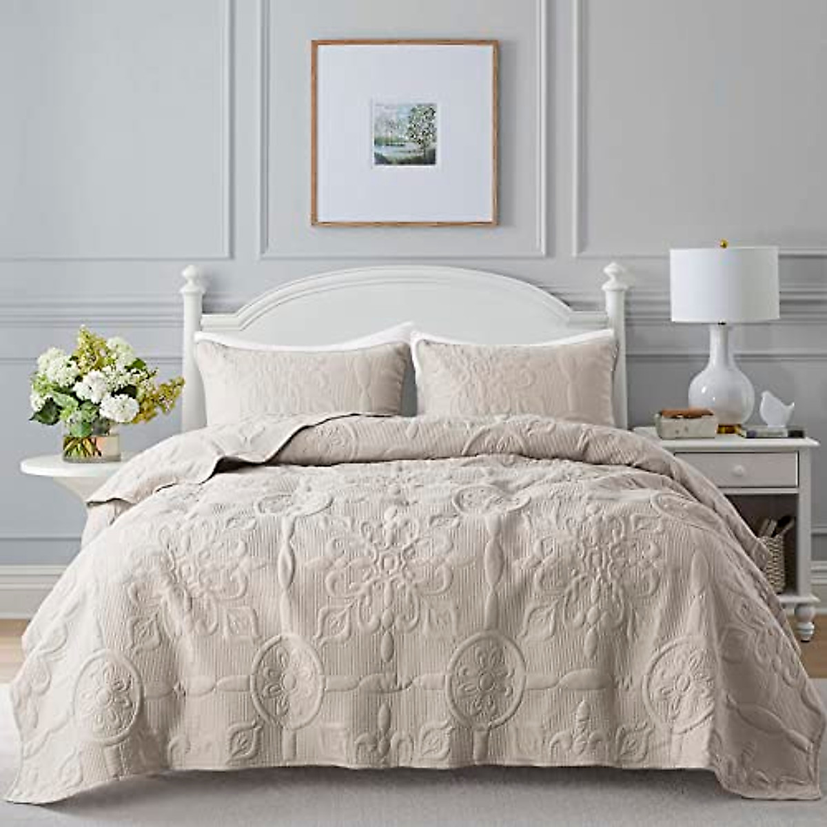 Damask Quilt King Size Bedding Sets with Pillow Shams, Boho Lightweight Soft Bedspread Coverlet, Beige Quilted Blanket Thin Comforter Bed Cover for All Season Spring Summer, 3 Pieces, 104x90 inches