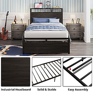 LIKIMIO Twin XL Bed Frames with Drawer, Storage Headboard with Outlets, No Box Spring Needed, Easy Assembly, Gray Black