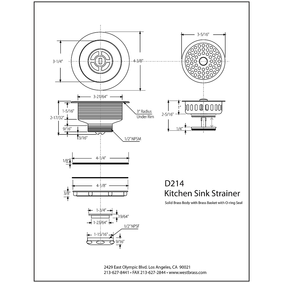 Westbrass D214-20 3-1/2" Post Style Large Sink Kitchen Basket Strainer, 1-Pack, Stainless Steel