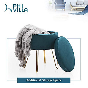 PHI VILLA Storage Ottoman,Blue Round Ottoman with Storage Box and Removable Lid, Upholstered Decorative Metal Legs Ottoman Footrest/Footstool for Living Room,Bedroom and Kids Room,Velvet,Blue