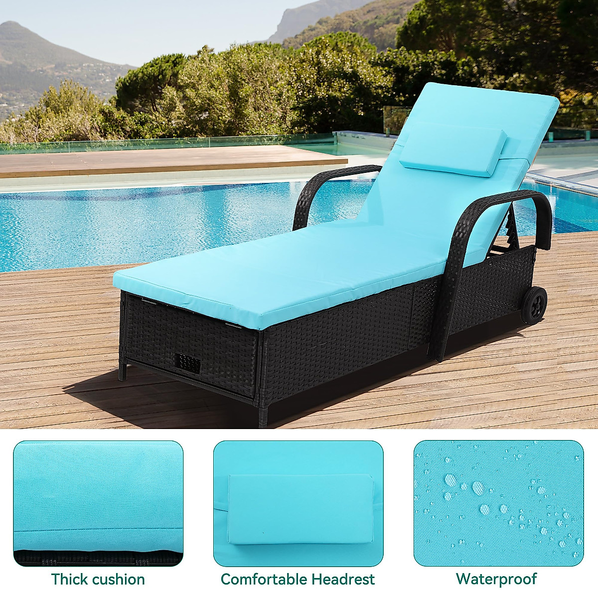 YITAHOME Chaise Lounge Chair with Storage, Wicker Patio Lounge Set with 5-Position Backrest, Rattan Pool Reclining with Headrest, Arm, Cushion, and Wheel for Poolside Balcony Garden(Black+Blue)