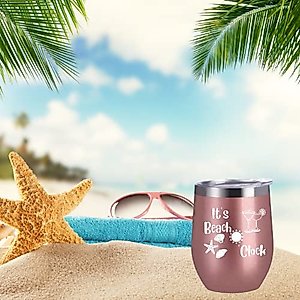 It's Beach O 'Clock, Lovely Shape Rose Gold With white Print, Insulated Wine Tumbler with Lid Double Wall Stainless Steeel, Coffee Mug, Beach Accesories, Cocktail, Beer, Office (Rose Gold)