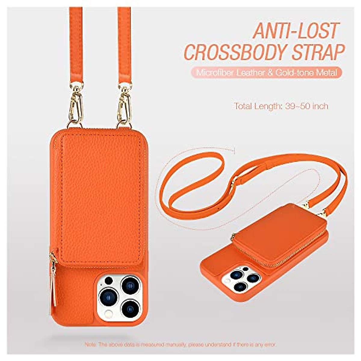 ZVE for iPhone 13 Pro Wallet Case Crossbody, Zipper Phone Case with RFID Blocking Card Holder Wrist Strap Purse Cover Gift for Women Carrying Compatible with iPhone 13 Pro (6.1 inch, 2021)-Orange