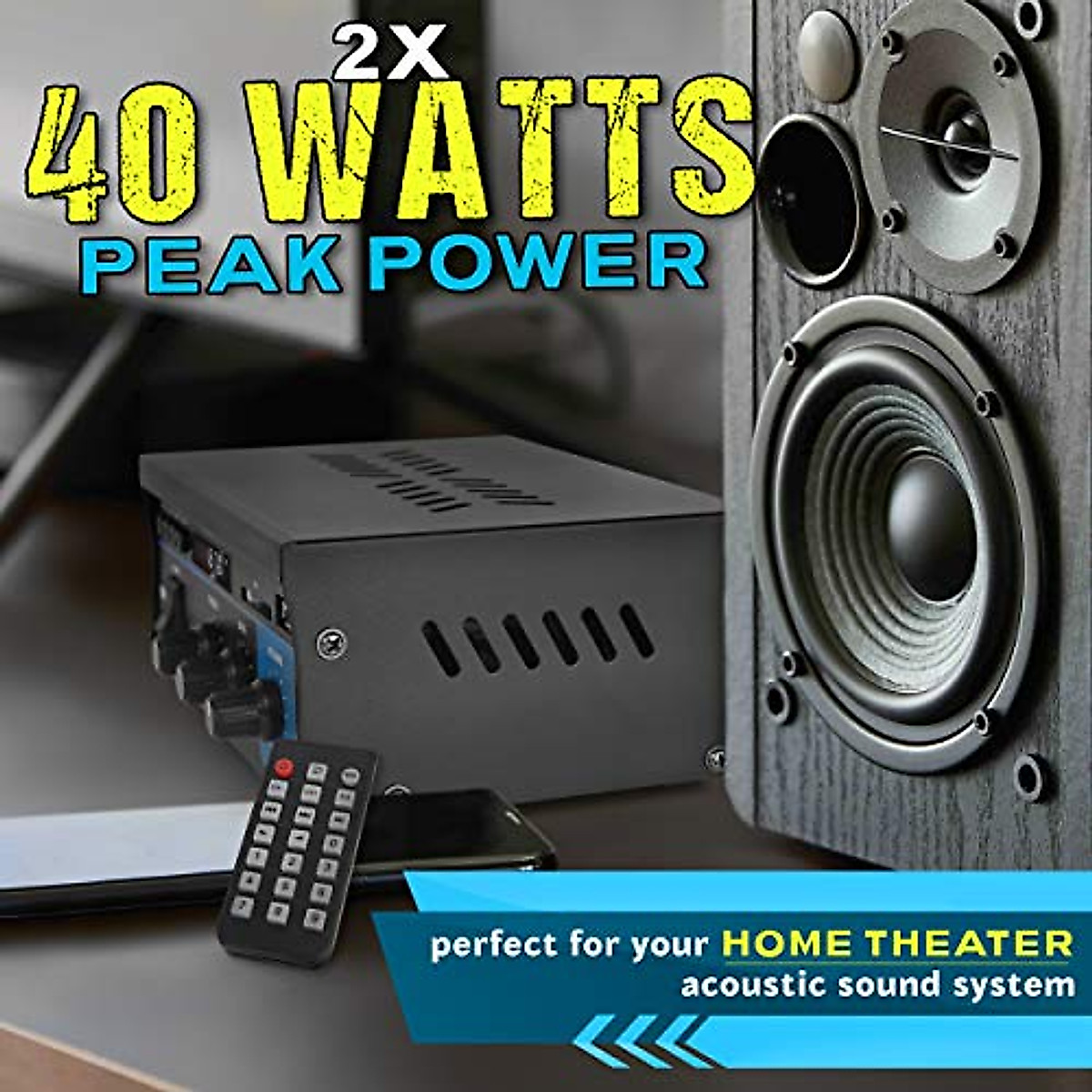 Pyle Home Home Audio Power Amplifier System 2X40W Mini Dual Channel Sound Stereo Receiver Box w/ LED For Amplified Speakers, CD Player, Theater via 3.5mm RCA for Studio, Home Use Pyle PCA2 Black