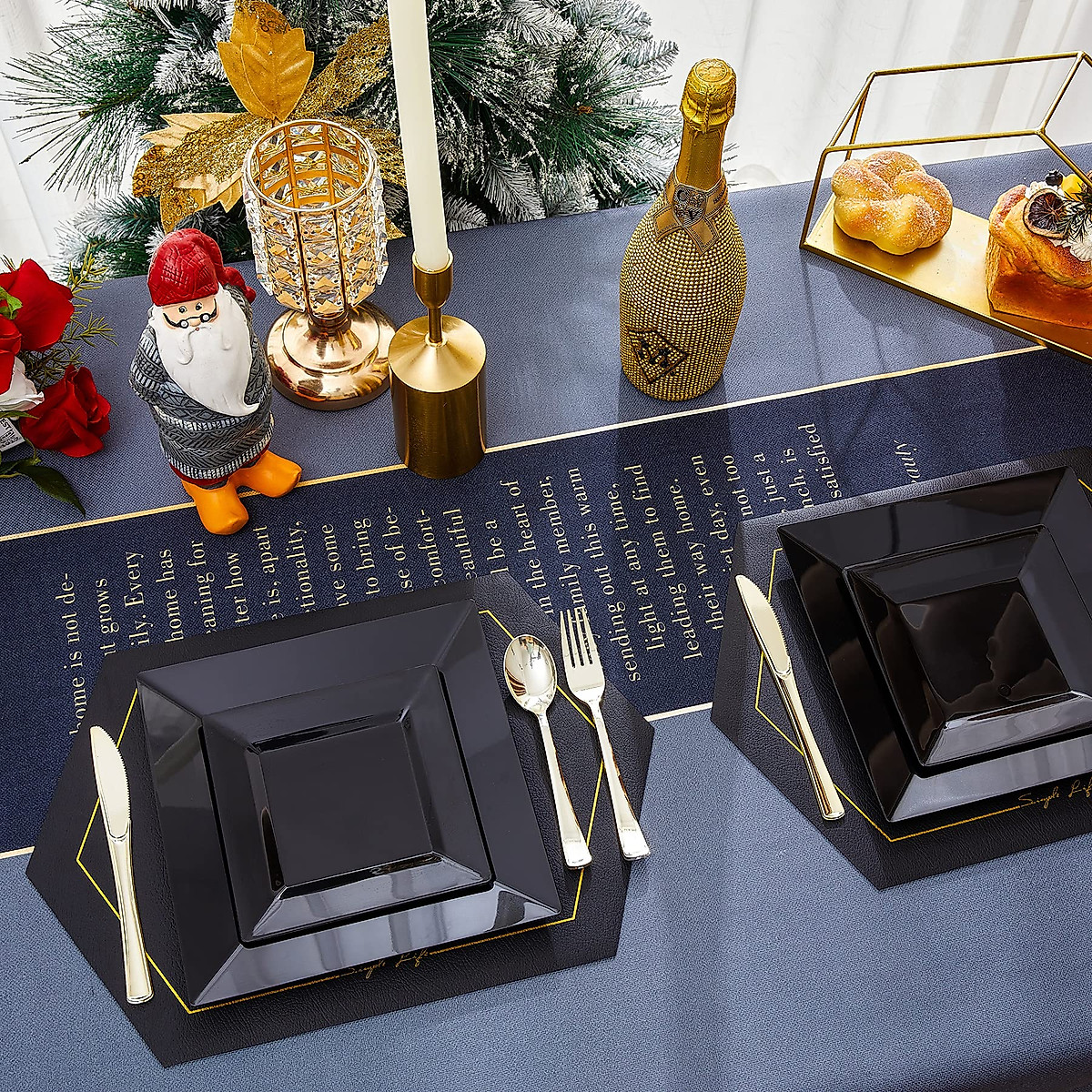 N9R 60 Pack Black Square Plastic Plates (9.5'' Dinner, 6.5'' Dessert/Salad) - Classic, Disposable, BPA Free, Reusable & Recyclable - Great for Parties & Weddings