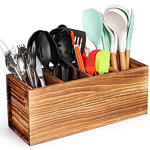Yumkfoi Extra Large Utensil Holder, 4 Sections Wooden Utensil Organizer, Farmhouse Kitchen Utensil Organizer for Countertop, Rustic Utensil Caddy Crock Counter Organizer and Cooking Tools Storage