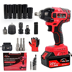 AUTOJARE Cordless Impact Wrench Kit 1/2 inch,Electric Powerful Brushless Motor 20V Max Rechargeable Lithium-Ion Battery with Charger 6pcs Sockets Cordless Wrench Kit