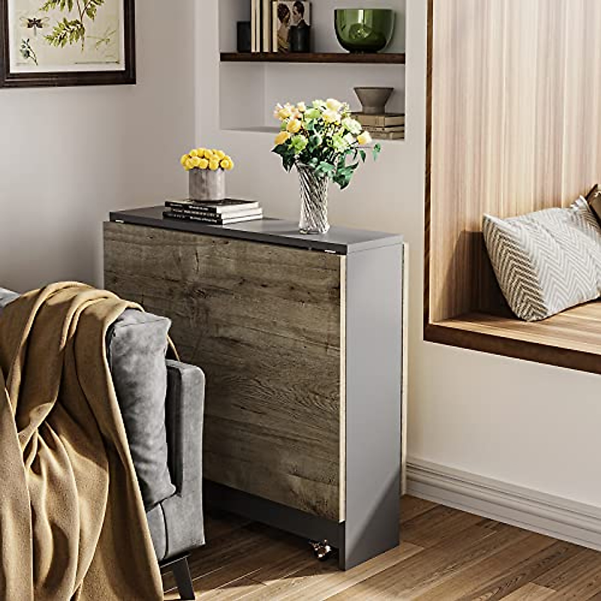 Folding Dining Table, Drop Leaf Dining Table with 6 Wheels and 2-Layer Storage Shelf, Space Saving Dining Table for Small Spaces, Chestnut and Gray 51.2 inch D x 31.5 inch W x 28.4 inch H