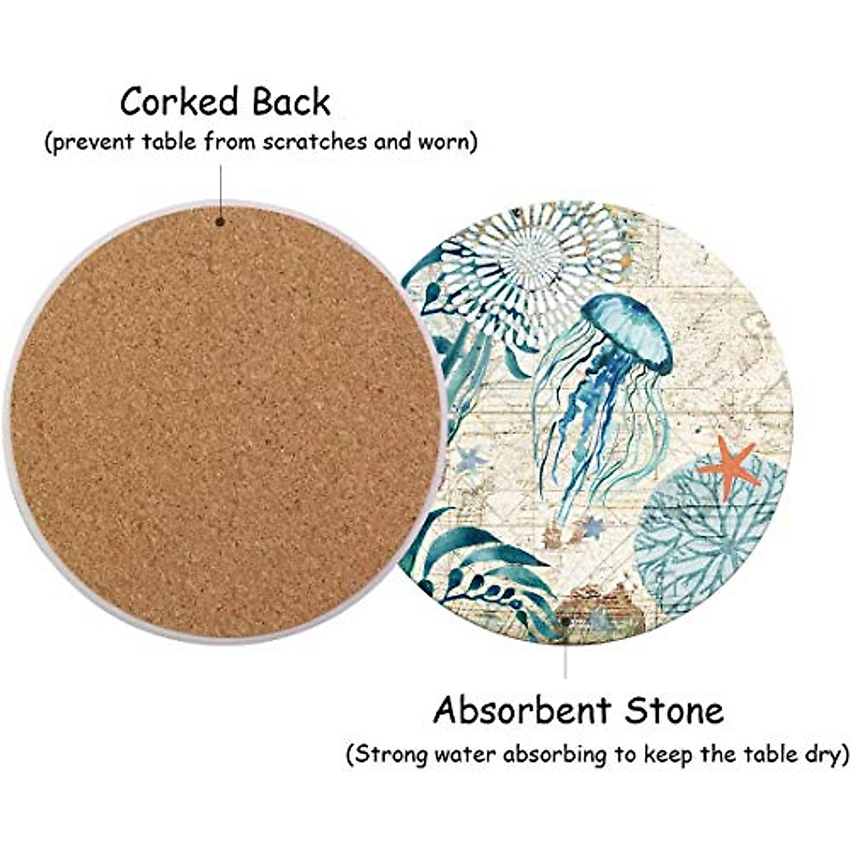 Lumuasky Set of 8 Absorbent Drink Coasters with Holder, Sea Ocean Life Coastal Beach Tropical Theme for Housewarming Apartment Kitchen Room Bar Decor, Cork Base
